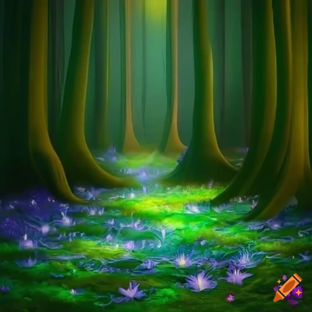 Bright enchanted magical forest with starflowers on the floor on Craiyon