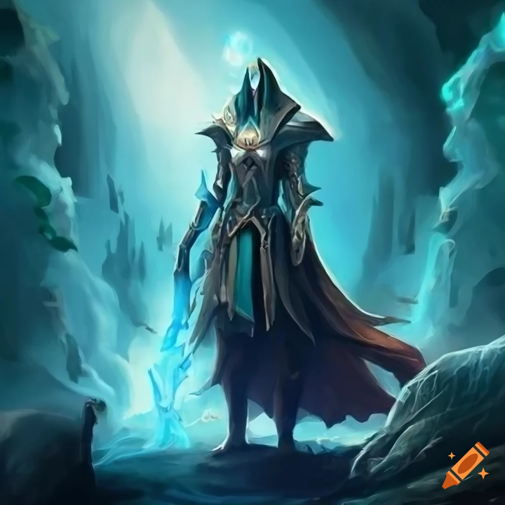 Gleaming armored mage in a heavenly cyan landscape on Craiyon