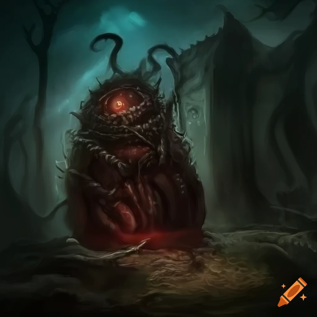 Egg monster guarding remnants of its home in dark epic fantasy digital art on Craiyon