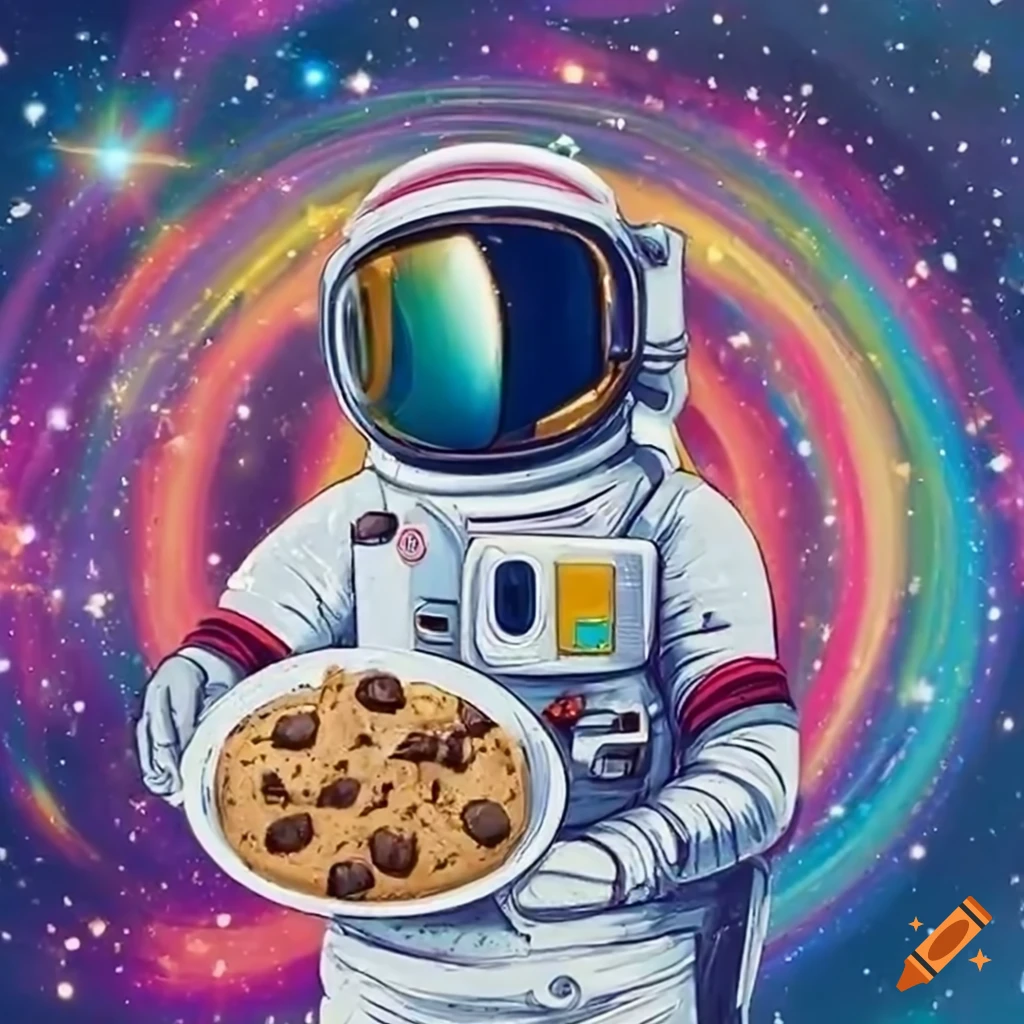 Astronaut holding a plate of chocolate chip cookies with a colorful galaxy backdrop on Craiyon