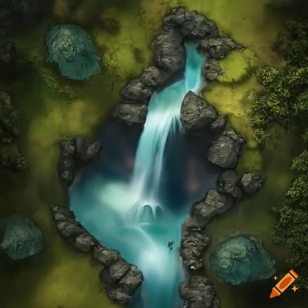 Realistic tabletop RPG battlemap of a waterfall in daylight on Craiyon