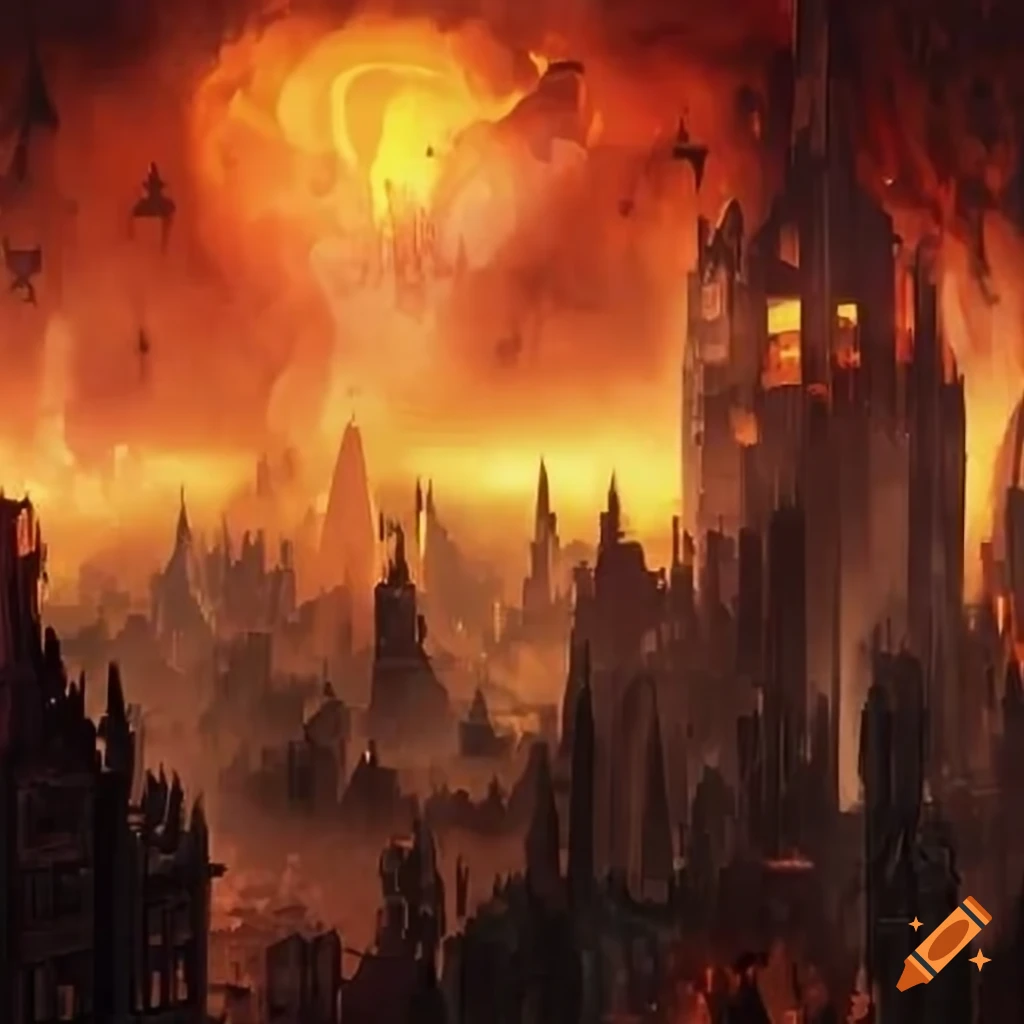 Burning city in a fantasy setting on Craiyon