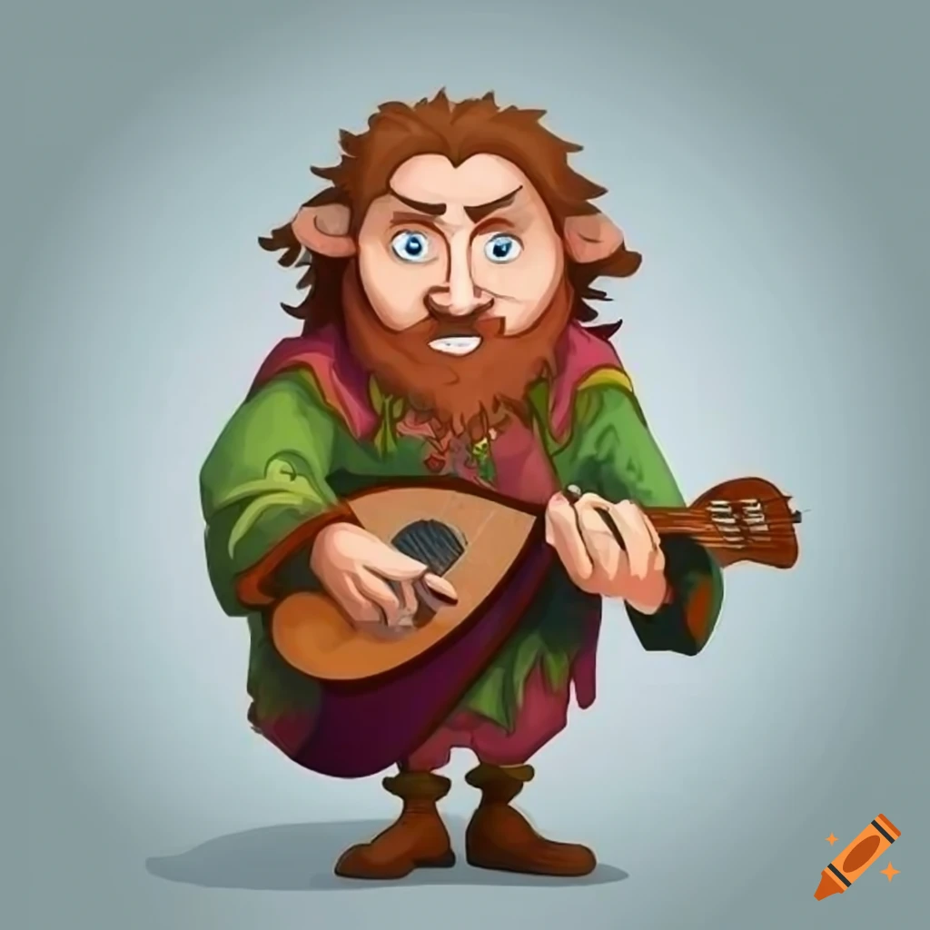 Cartoon hobbit bard with a lute on Craiyon