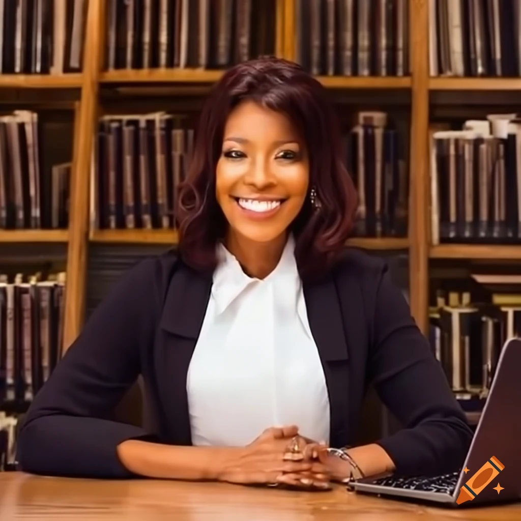 Jacqueline matter working at a laptop in a law library on Craiyon