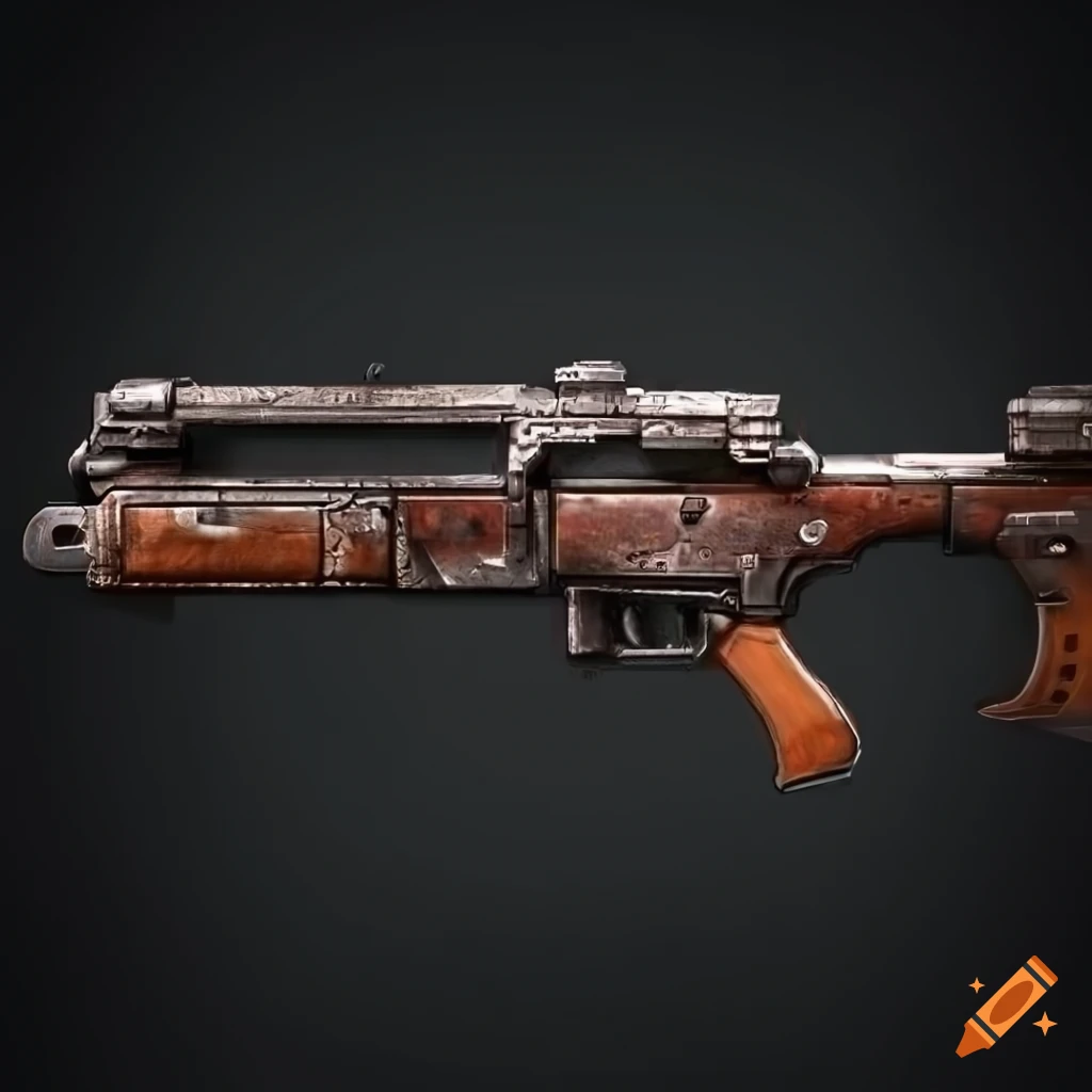 Concept art of a sci-fi rail gun rifle made from scraps on Craiyon