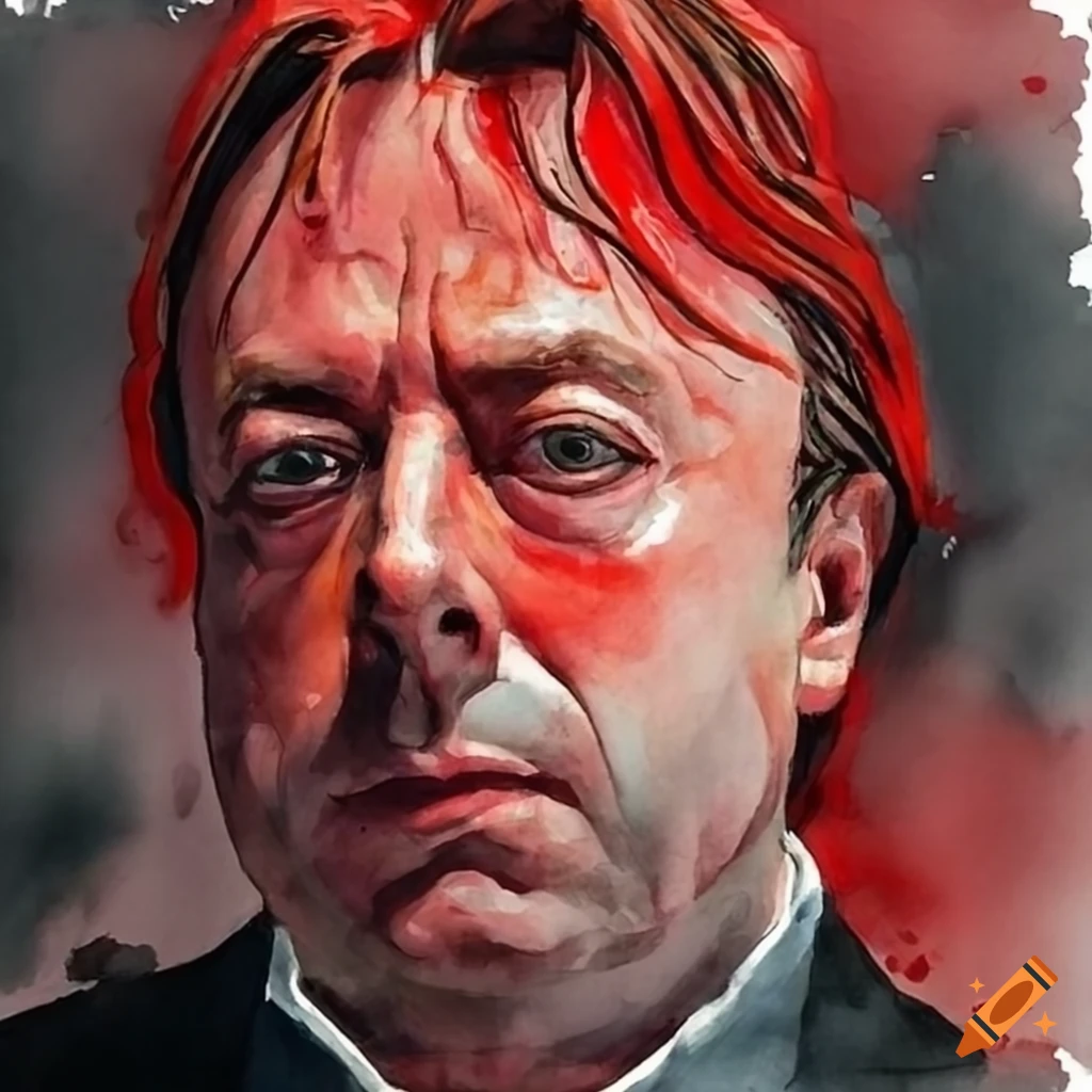 Christopher hitchens in a stern expression with bright red and black ...