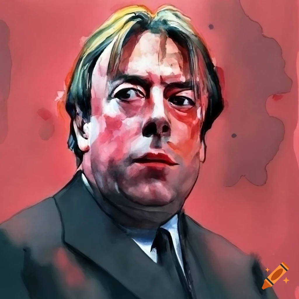 Stern and smug portrait of christopher hitchens in red and black ...