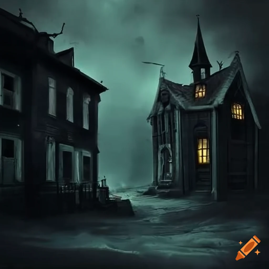 Haunted house at the end of a dark street on Craiyon