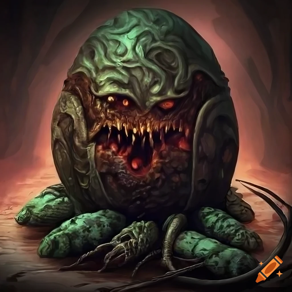 Egg monster guarding its home in a dark epic fantasy scene on Craiyon