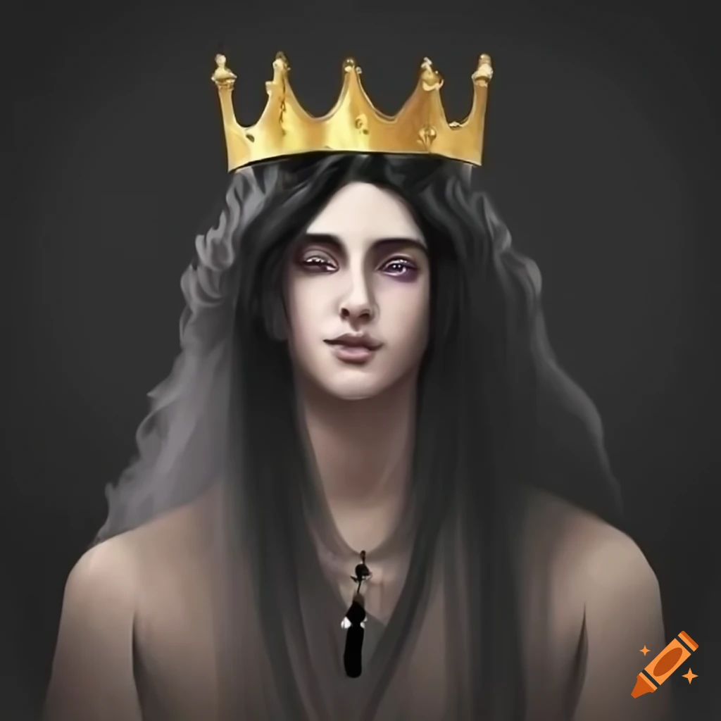Young adult king with long black hair and purple eyes seated on a ...