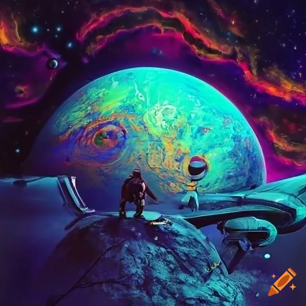 Lost astronaut looking outside space vehicle in psychedelic space on Craiyon