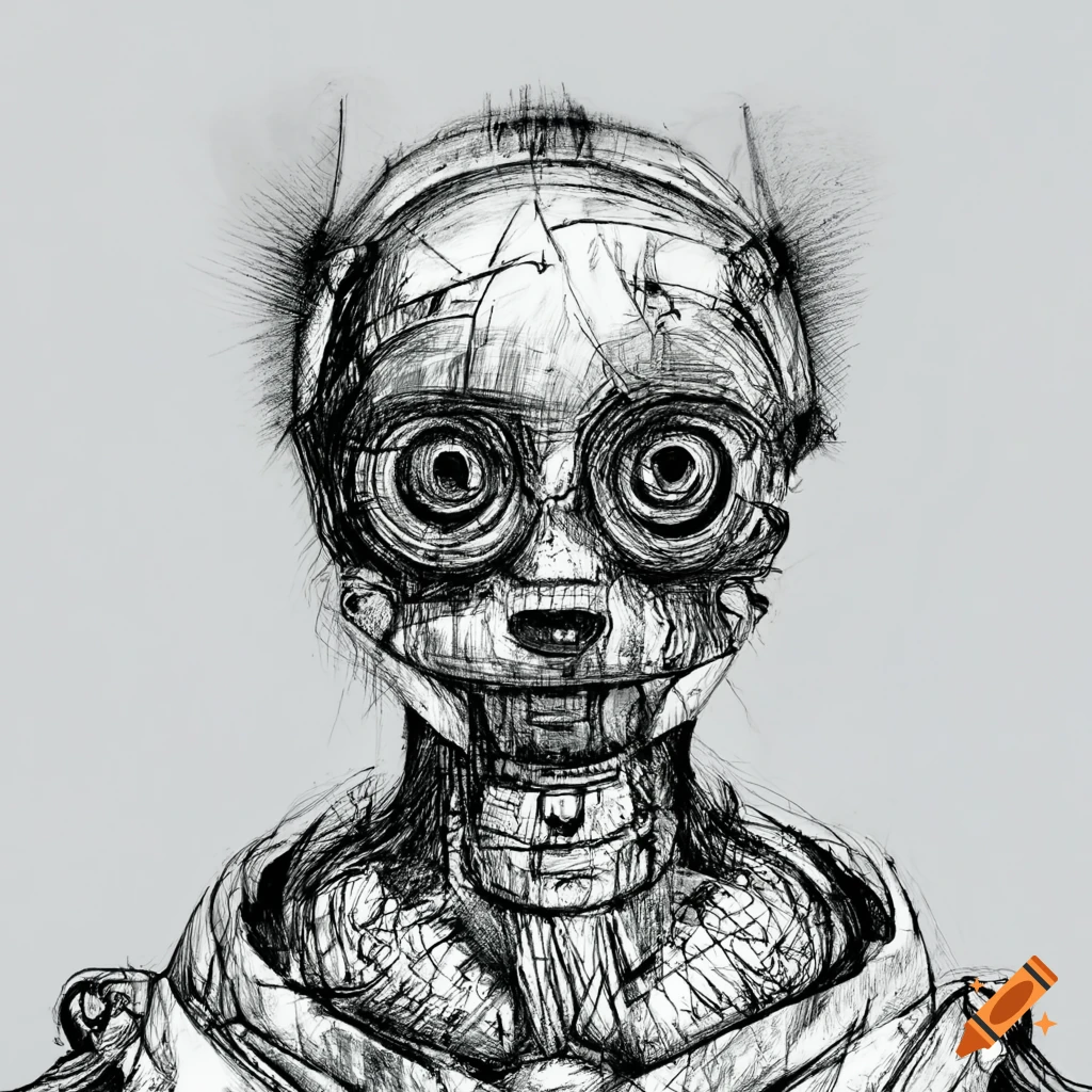 Deranged robot drawn in pencil on white background on Craiyon