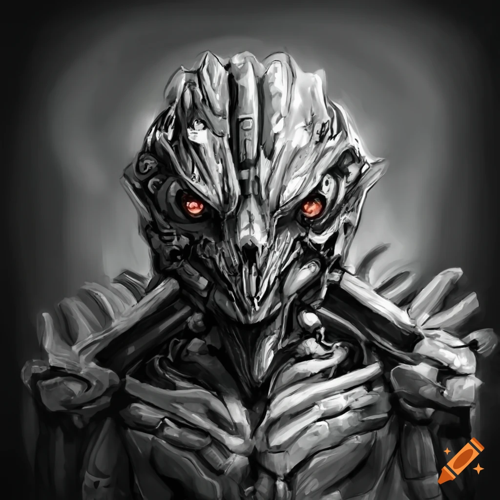 Pencil sketch of mecha android creature on white background on Craiyon