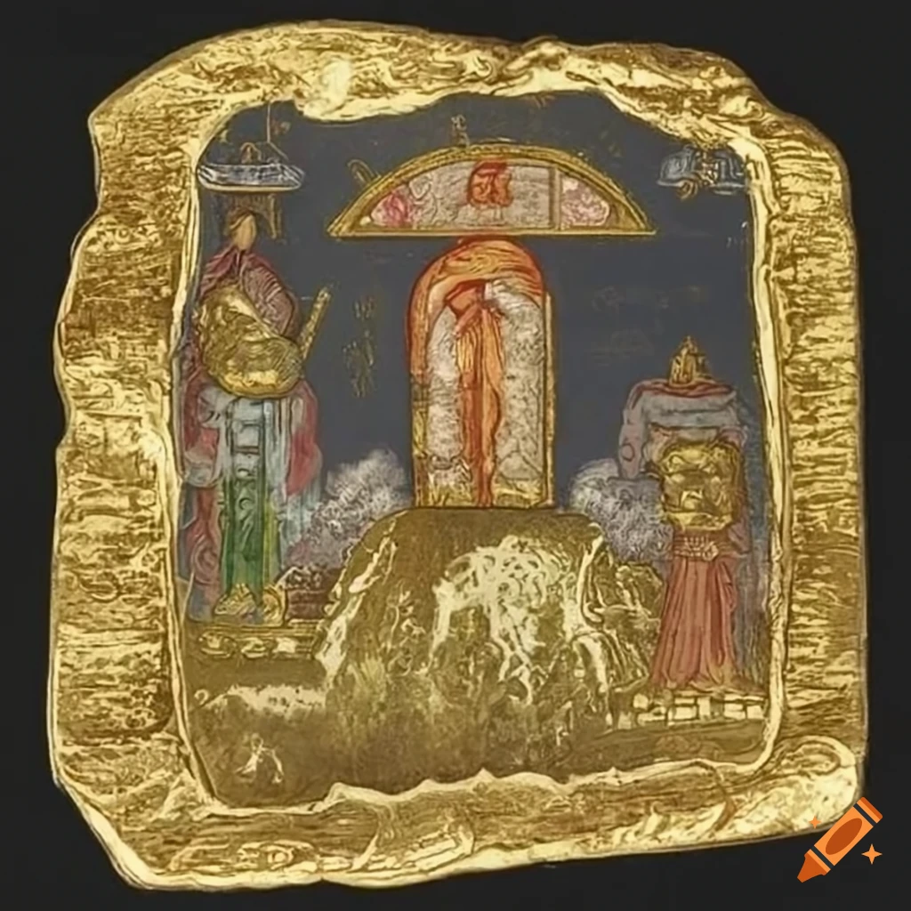 Ancient holy card depicting a mountain of golden coins with a cash-made ...