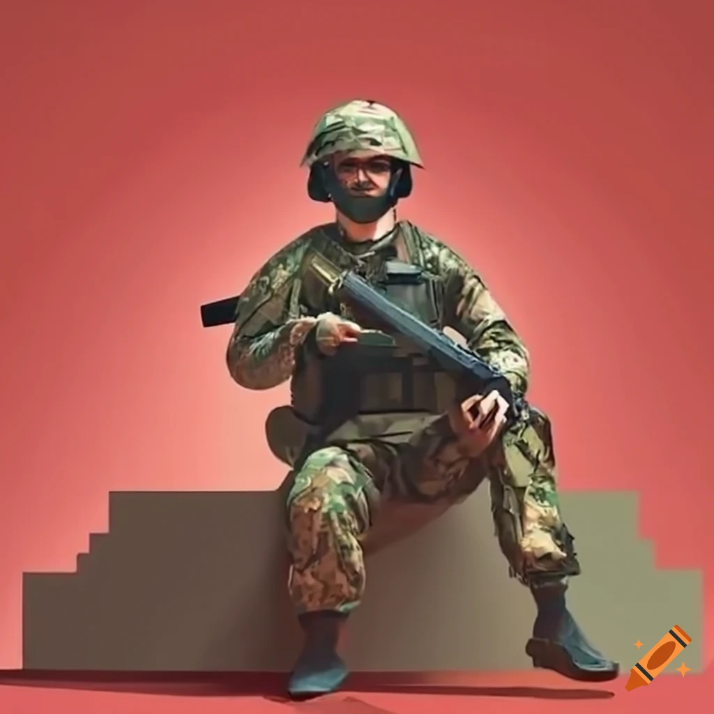 Soldier sitting on a red triangle stepping on a tank on Craiyon