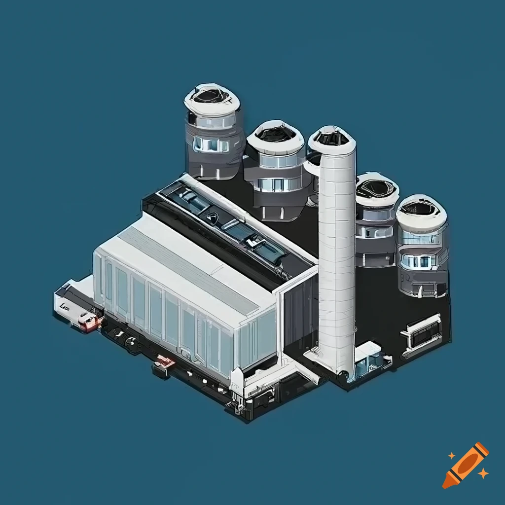 Isometric view of a large factory complex for mammoth tanks with parking lot and highways on Craiyon