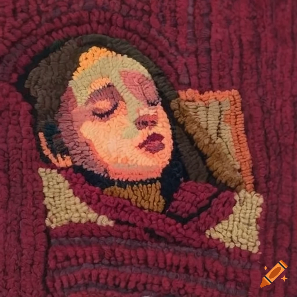 Girl sleeping on a maroon sofa with wool hooked rug style on Craiyon