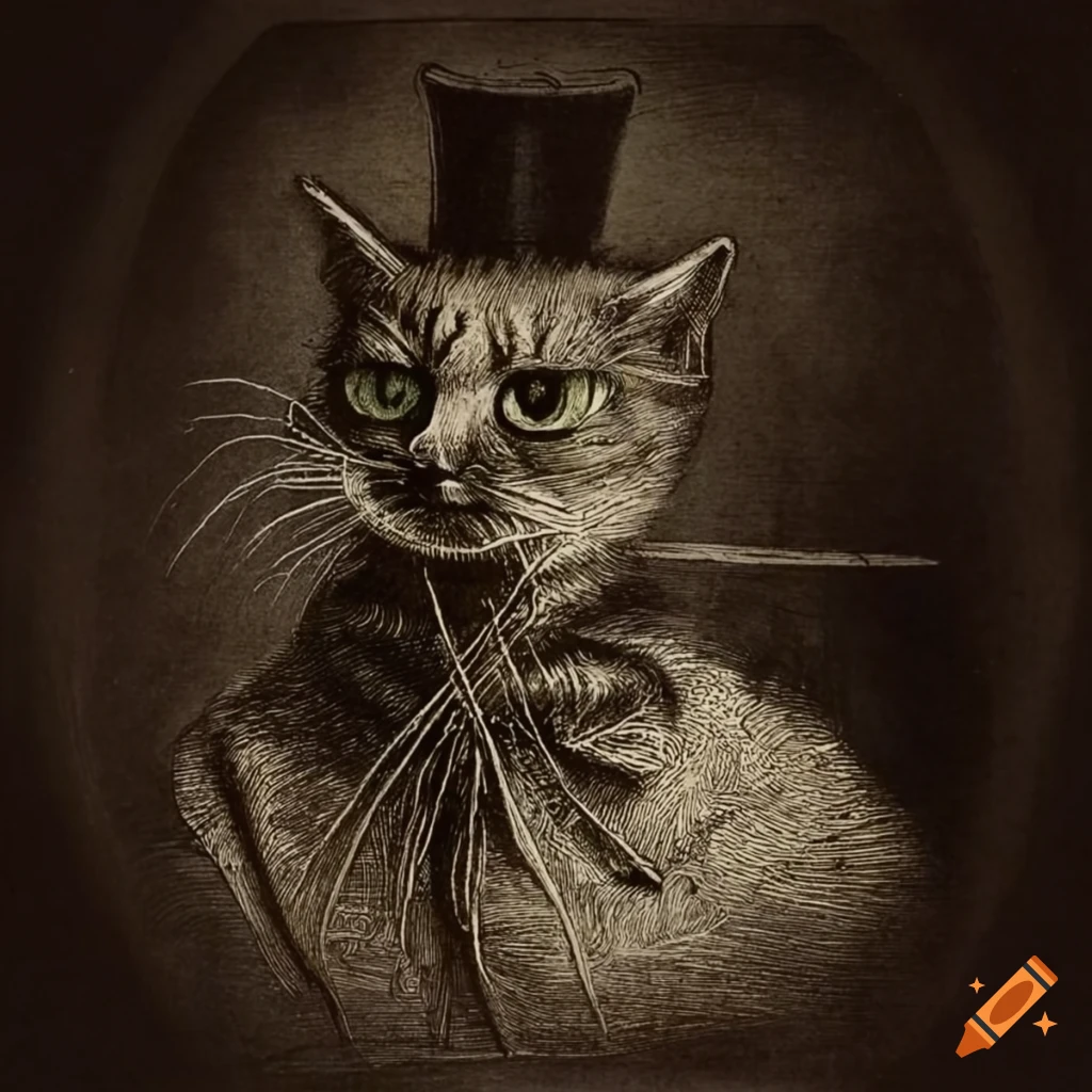 Spooky cat etching drawing from the 19th century with a top hat and ...