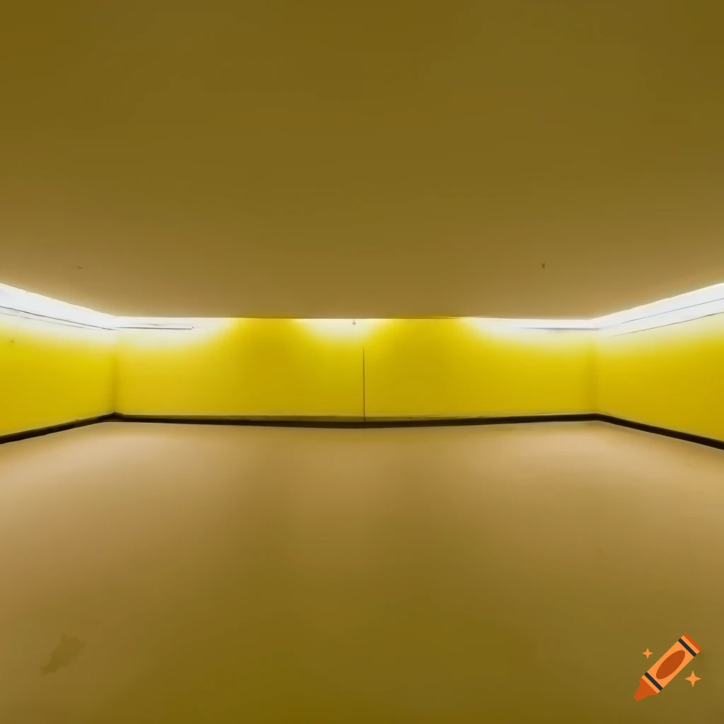 Liminal space of an old empty yellow office building with fluorescent ...