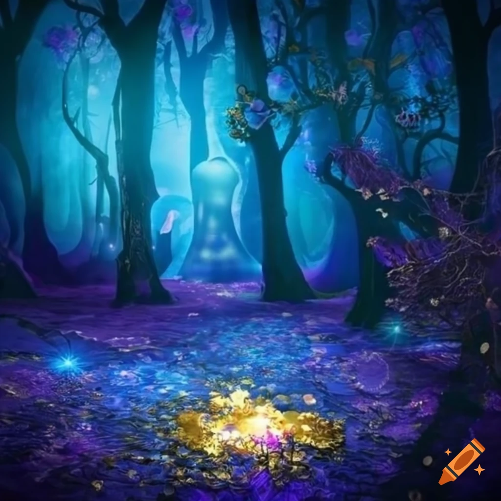 Enchanted blue-purple forest with golden thalers on the ground on Craiyon