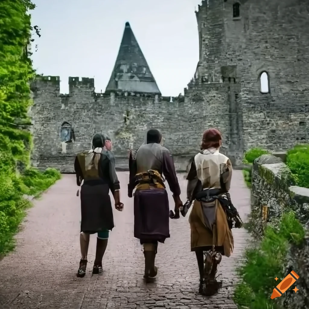 Group of three rpg characters walking towards a castle on Craiyon