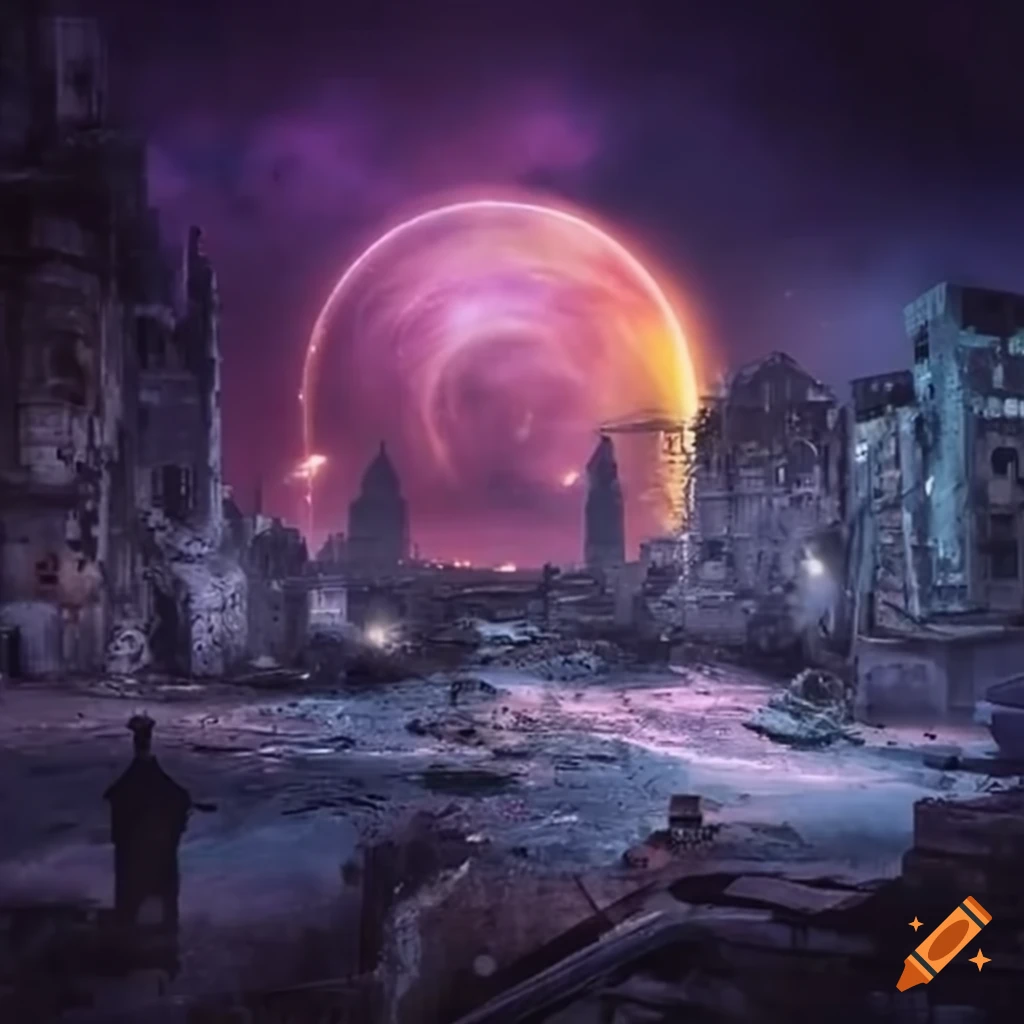 Post-apocalyptic Vienna city ruins covered in cosmic space slime during ...