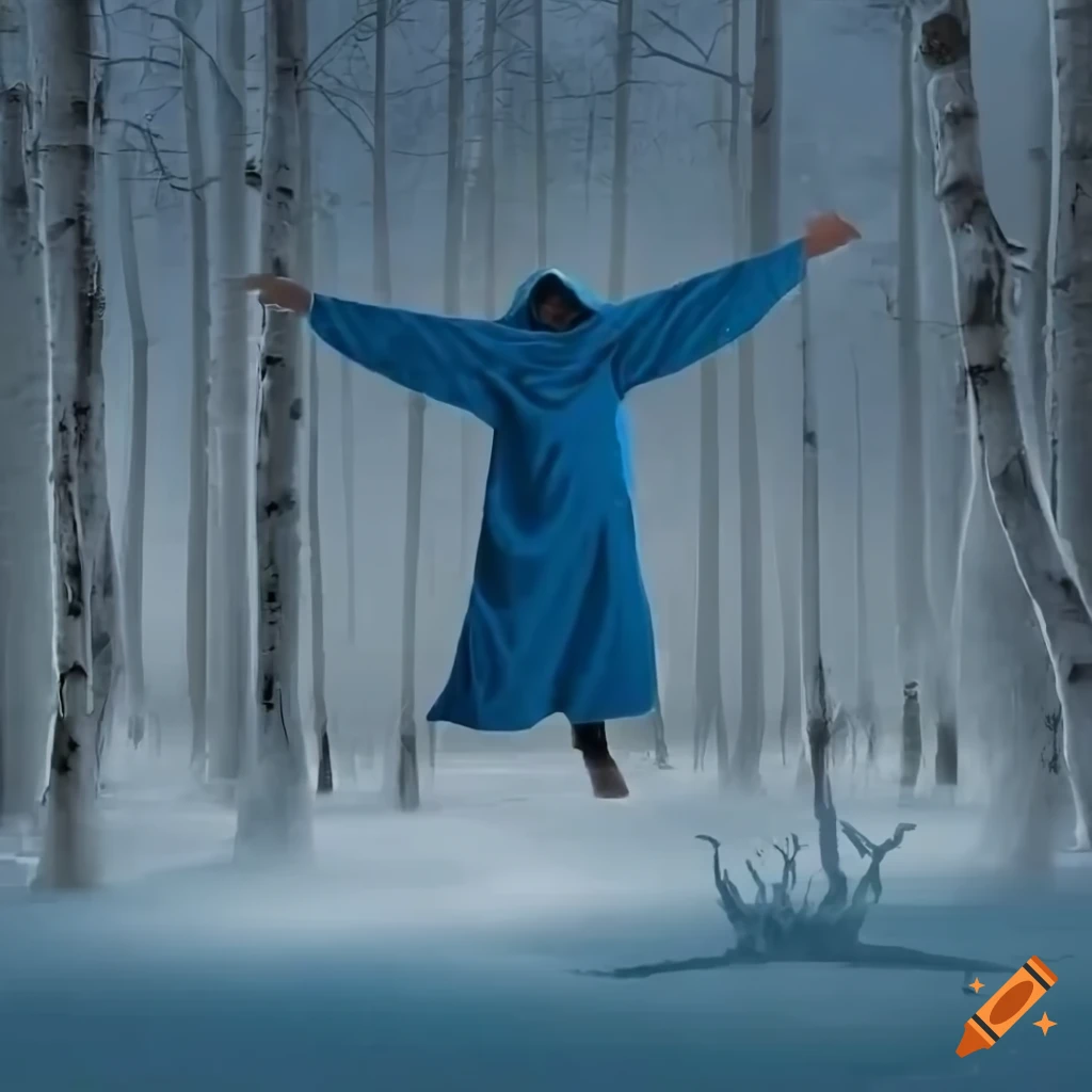 Man in blue cloak floating in front of a forest with ice coming from ...