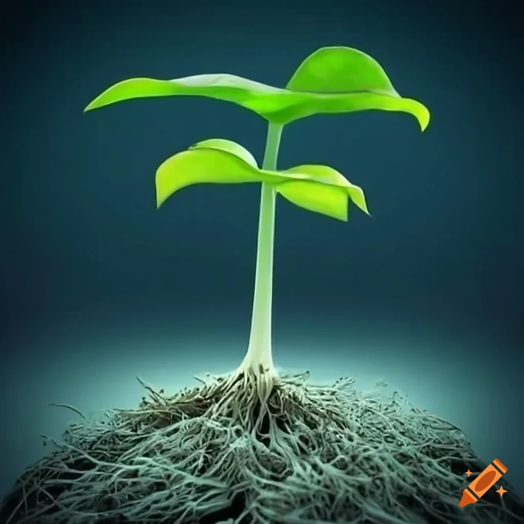 Close-up of intertwined root system of a tiny growing plant on Craiyon