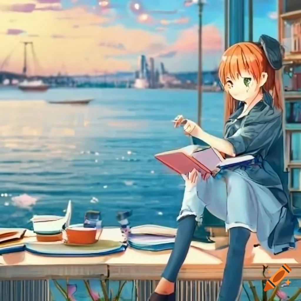 Group of cheerful anime girls studying with books at a flower-filled ...