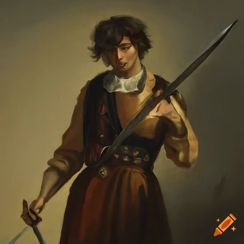 Man holding a rapier in a painting on Craiyon
