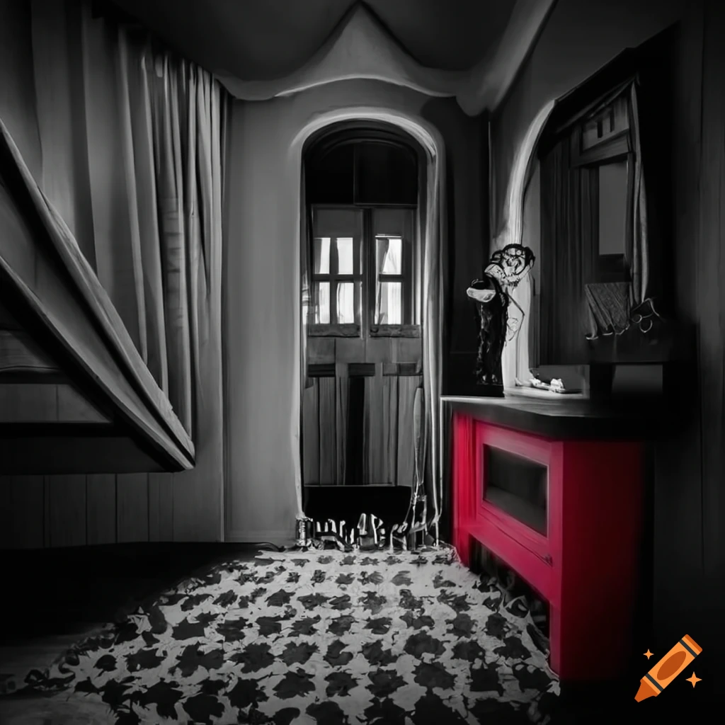 Scary monochrome creature in a colorful house on Craiyon