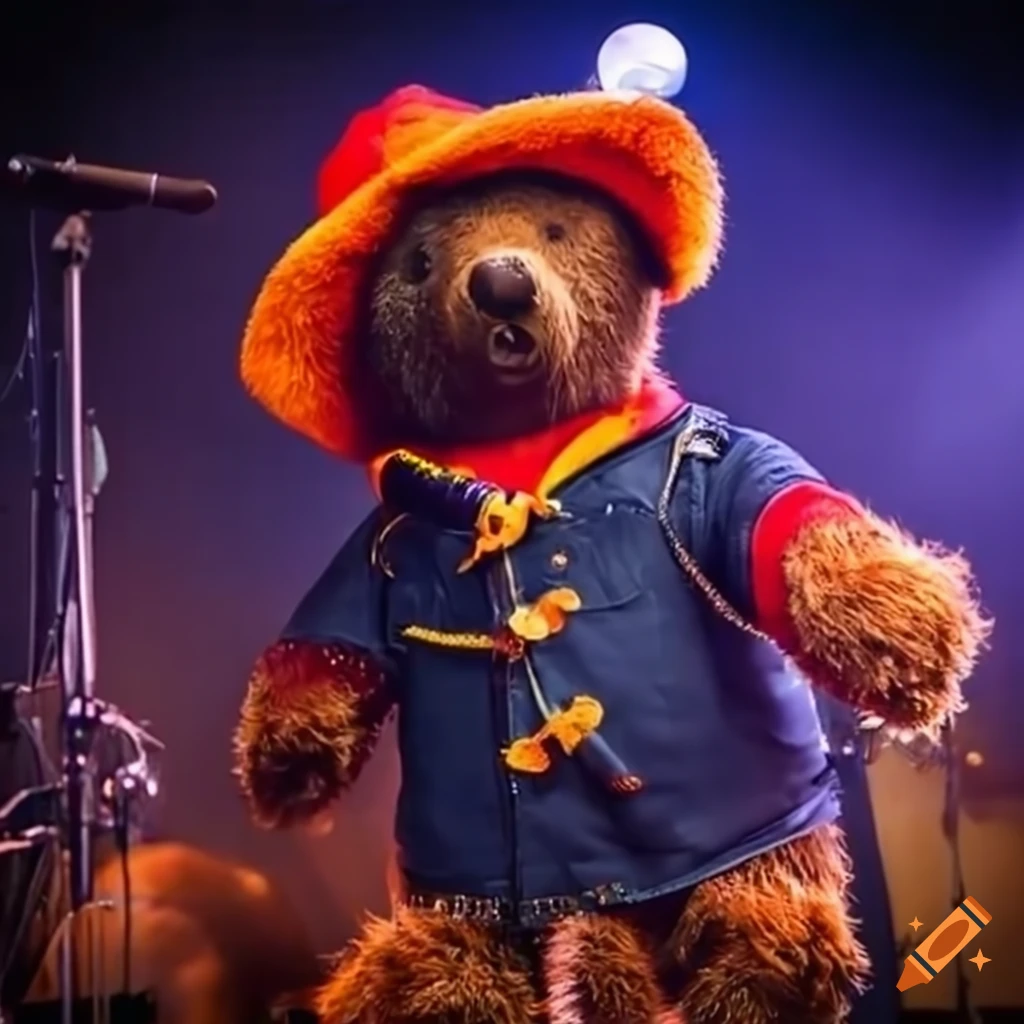 Paddington bear performing as a nu metal lead singer on stage on Craiyon