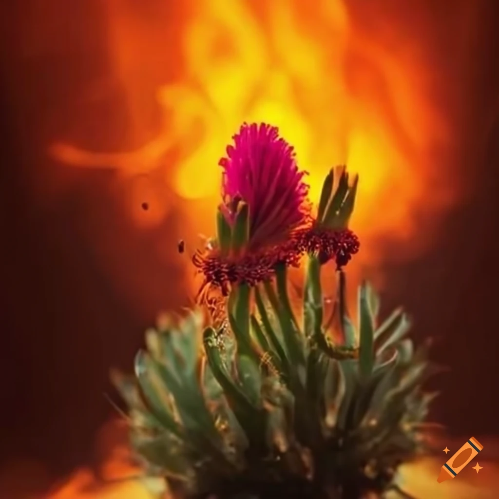 Blossoming desert flower engulfed in flames on Craiyon