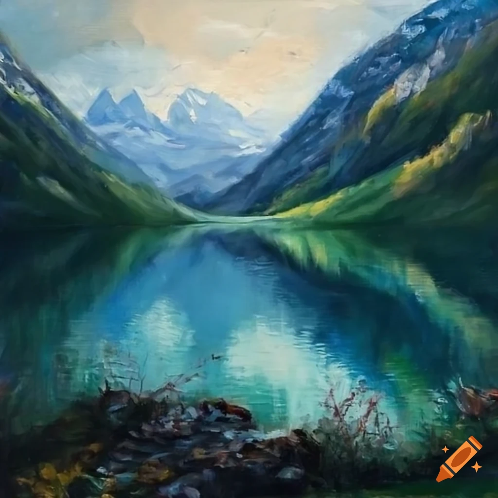 Oil painting of an alpine lake in switzerland on Craiyon