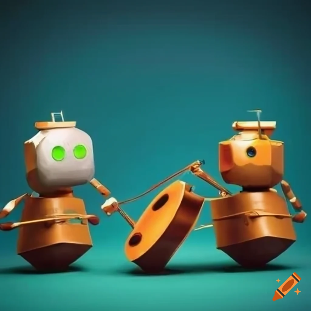 Little robots playing musical instruments in a surrealist landscape on ...