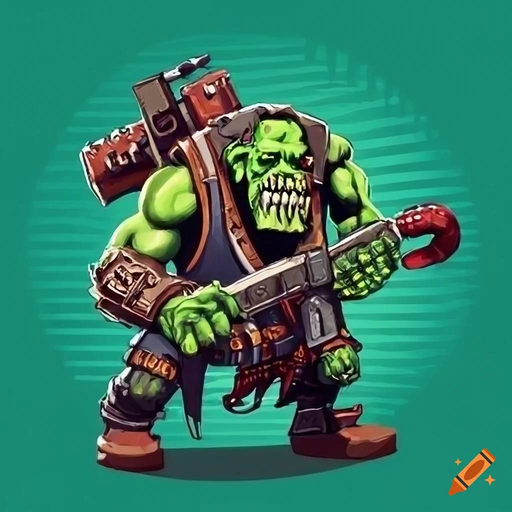 Ork mek with a pipe wrench in vector art style on Craiyon