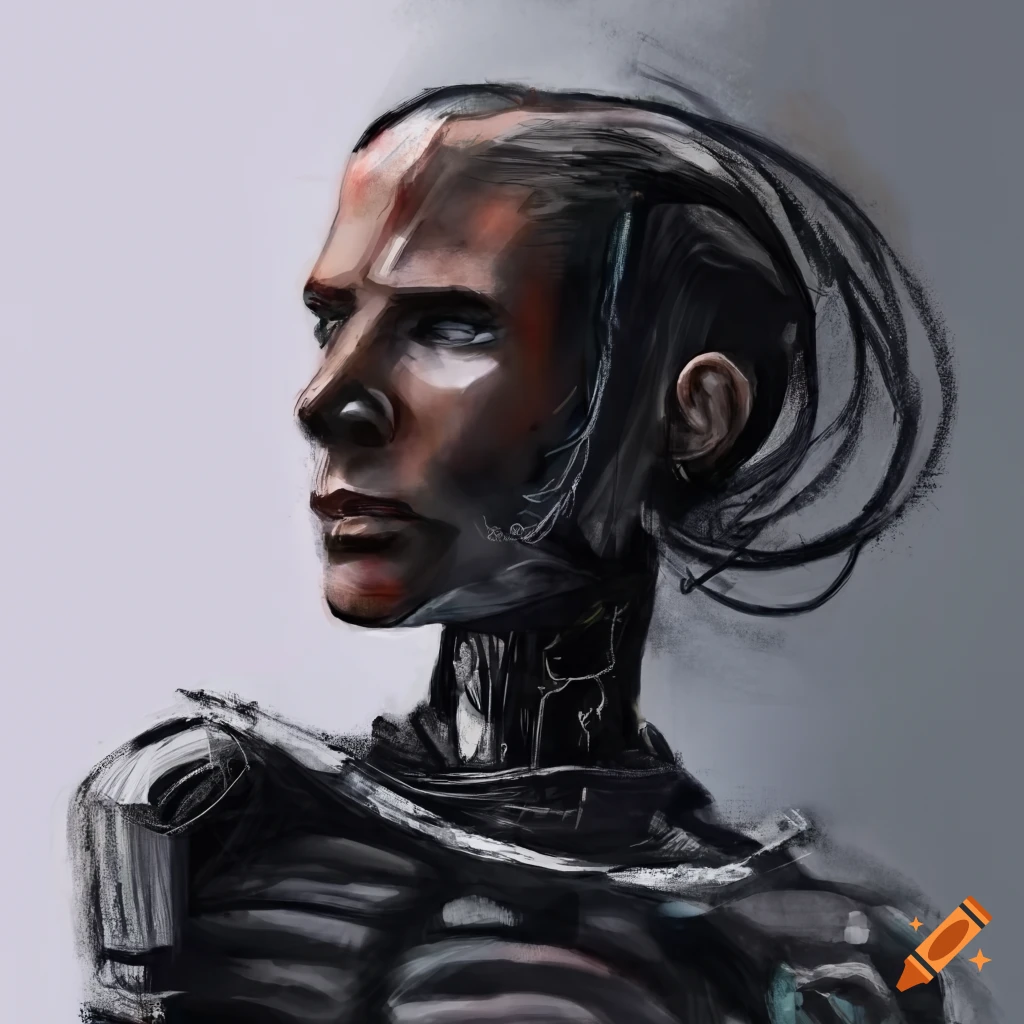 Dysfunctional dystopian male robot with wire hair drawn in charcoal on ...