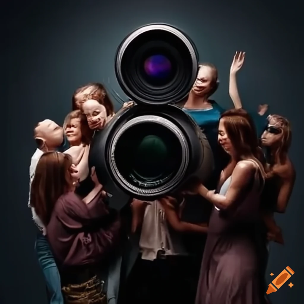 Group of people lifting a large camera lens on Craiyon