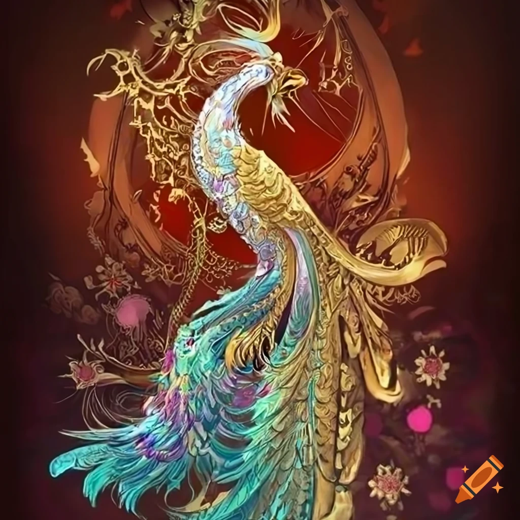 Regal embellished mythical Eastern Phoenix Peacock Chinese emperor with ...