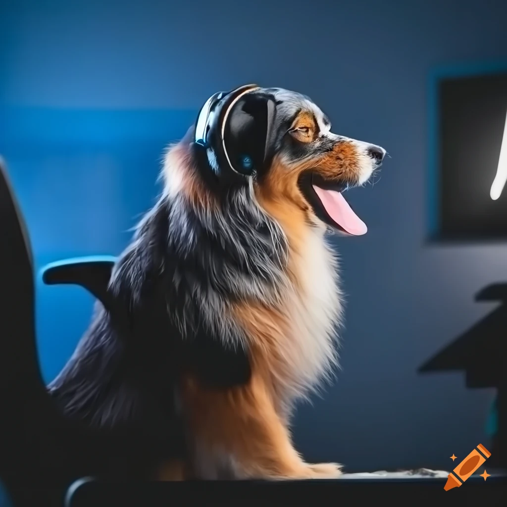 Adorable australian shepherd dog with gaming headset in a gaming chair ...