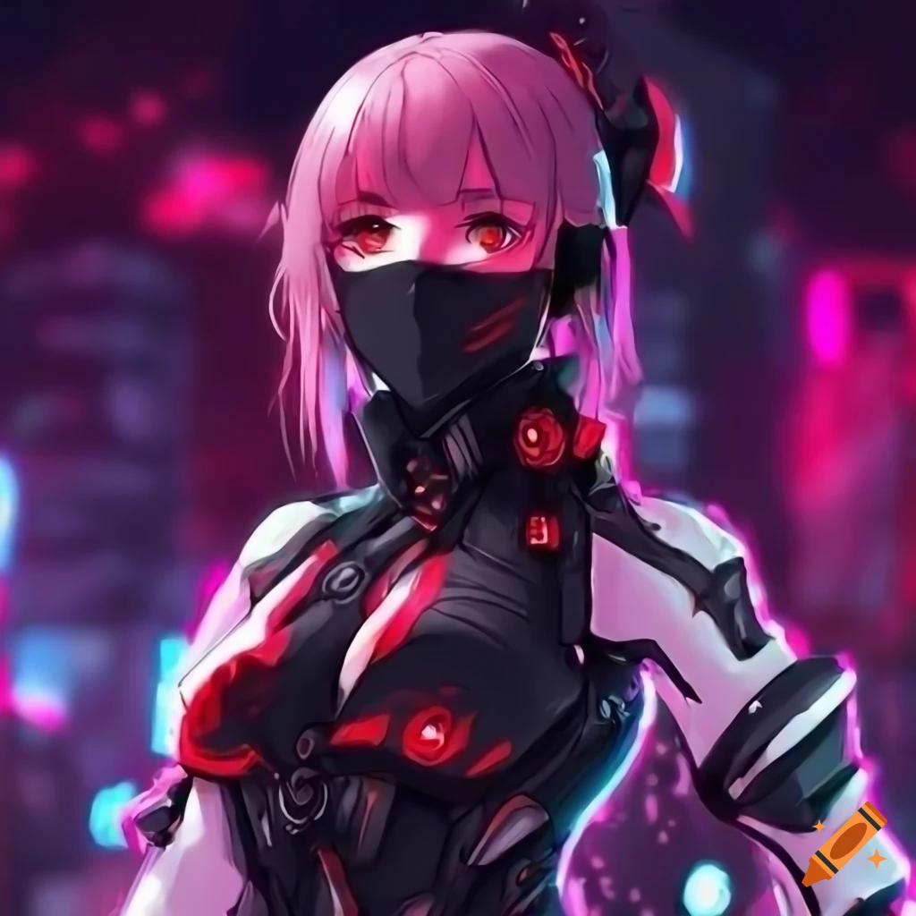 Cyberpunk ninja woman with cybernetic red eyes and blades in cyberpunk ...