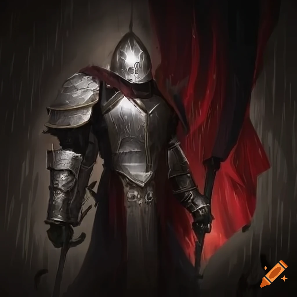 Knight standing in the rain on Craiyon