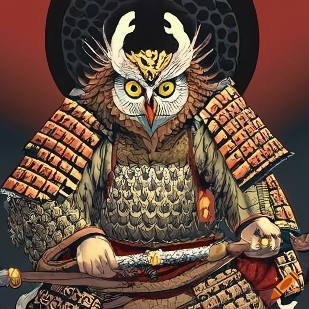 Brave owl samurai in ukiyo-e artwork on Craiyon