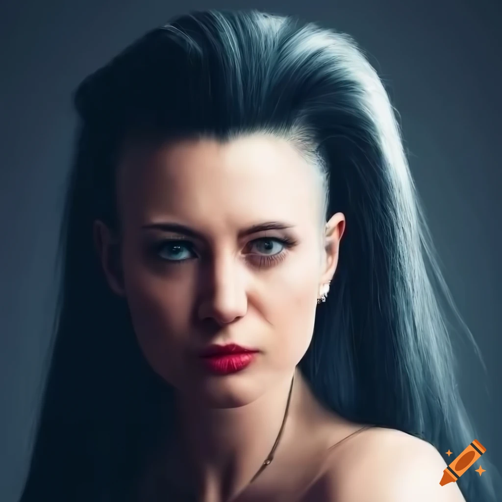 Middle-aged woman with two-tone long hair and punk clothing on Craiyon