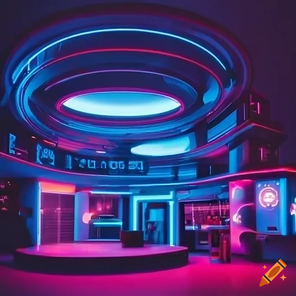 Futuristic office scene with neon lighting and secretary surrounded by ...