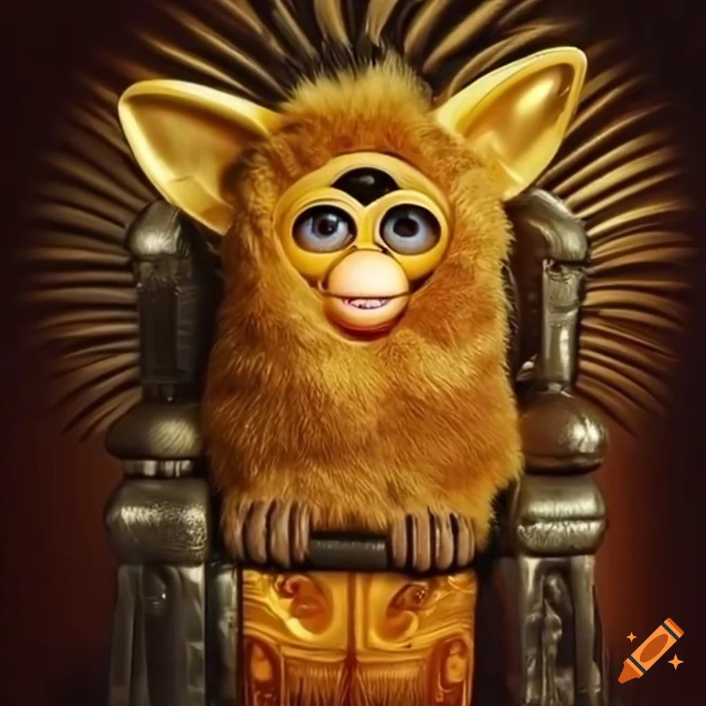Golden furby wearing a gold necklace sitting on a golden throne on Craiyon