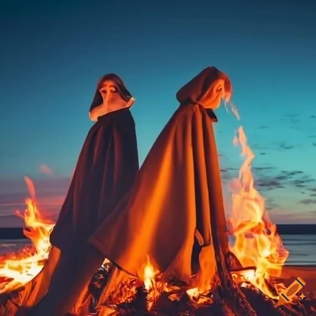 Group of people in capes around a bonfire on the beach on Craiyon