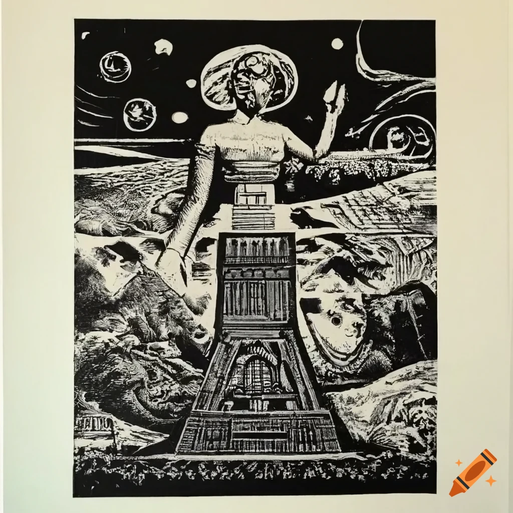 Black and white woodcut print of 70s science fiction art with a psychic ...