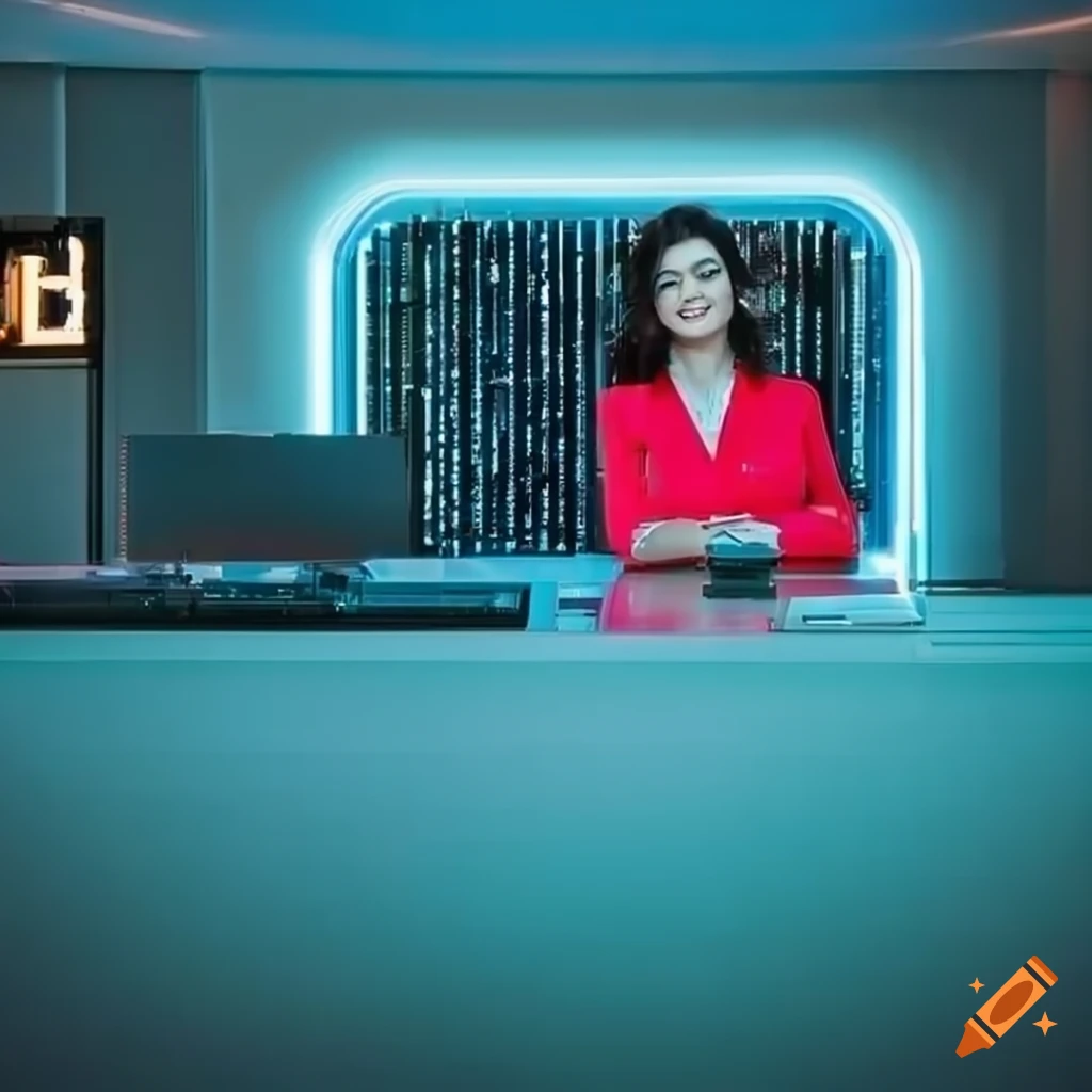 Futuristic office scene with neon lighting and secretary surrounded by ...