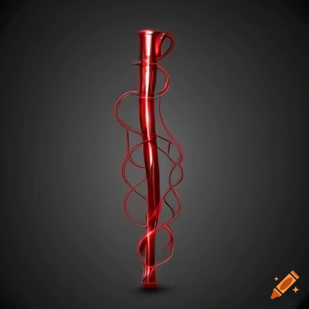 Shimmering red metal curved staff on black background on Craiyon